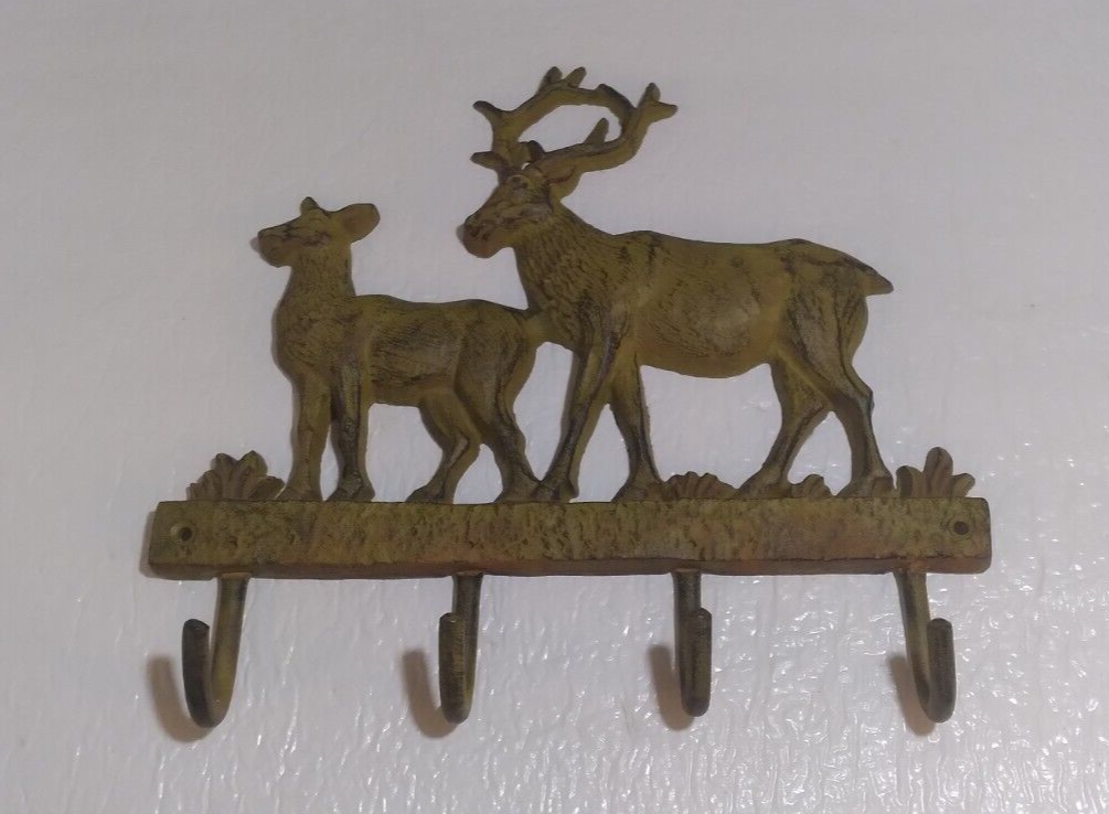 Vintage Wall Mounted Buck & Doe Coat 4 Hook Metal Hanger Heavy Rack ...