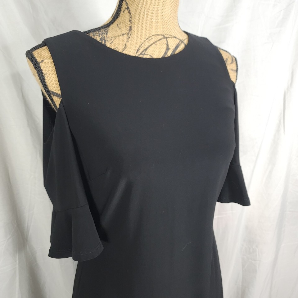 TOMMY HILFIGER Size 4 Black Stretch Knit Cold Shoulder Ruffled Cocktail ...