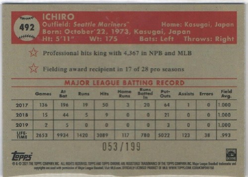 2021 Topps Platinum Anniversary "BLUE Mini-Diamonds #053/199" Ichiro #492 | eBay