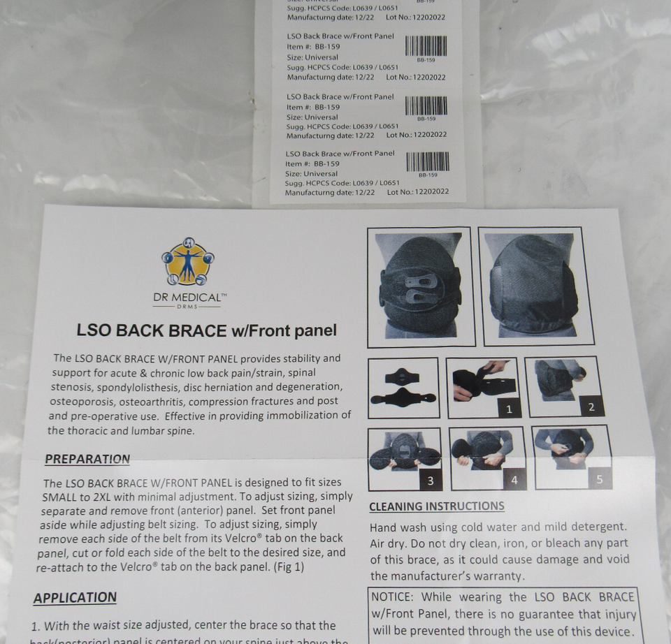 DR Medical Back Brace L0639/L0651 BB-159 LSO w/ Front Panel Size ...