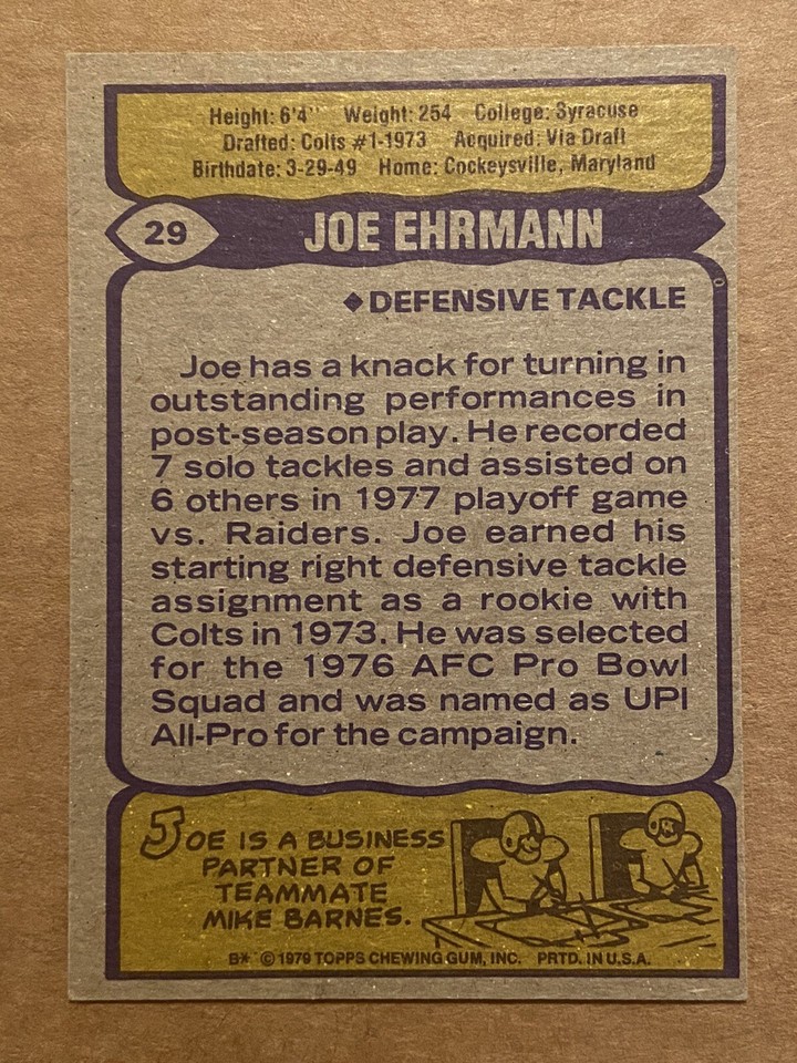JOE EHRMANN Signed 1979 Topps #29 Baltimore Colts Syracuse Orange ...