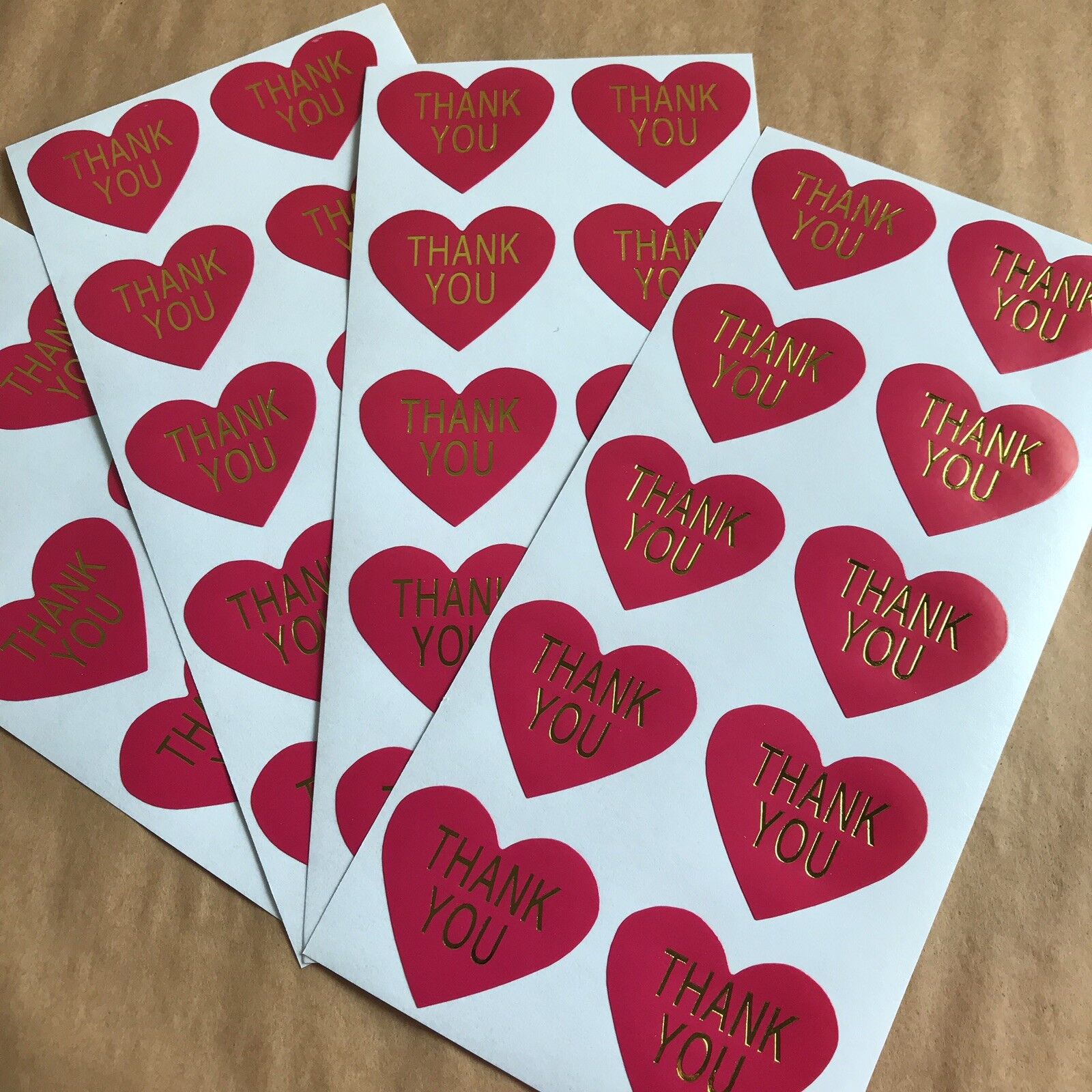 30 Heart Shaped Thank You Stickers On Glossy Hot Pink Paper With Gold