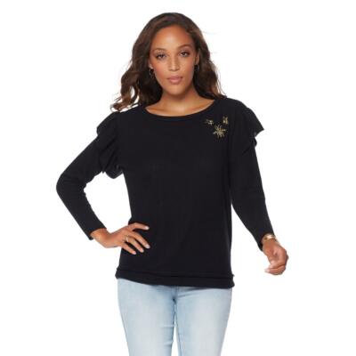 Curations Caravan Women's Pullover Ruffle Sleeve Top Solid Black Small ...