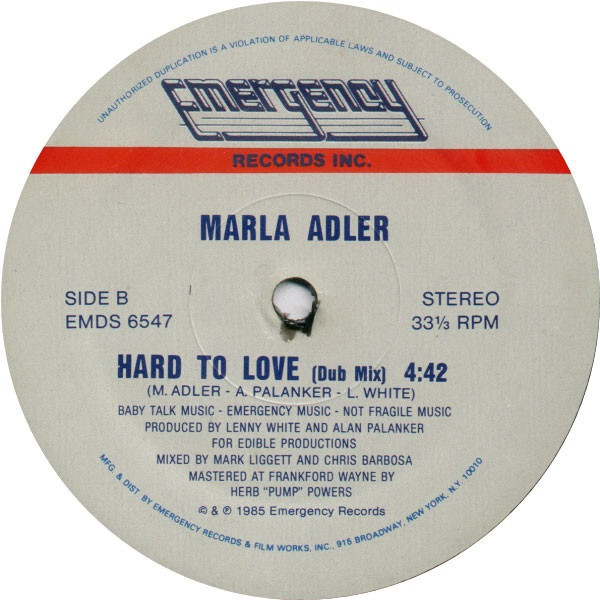 Marla Adler - Hard To Love, Vinyl 12" Single, Emergency Records, 1985 ...