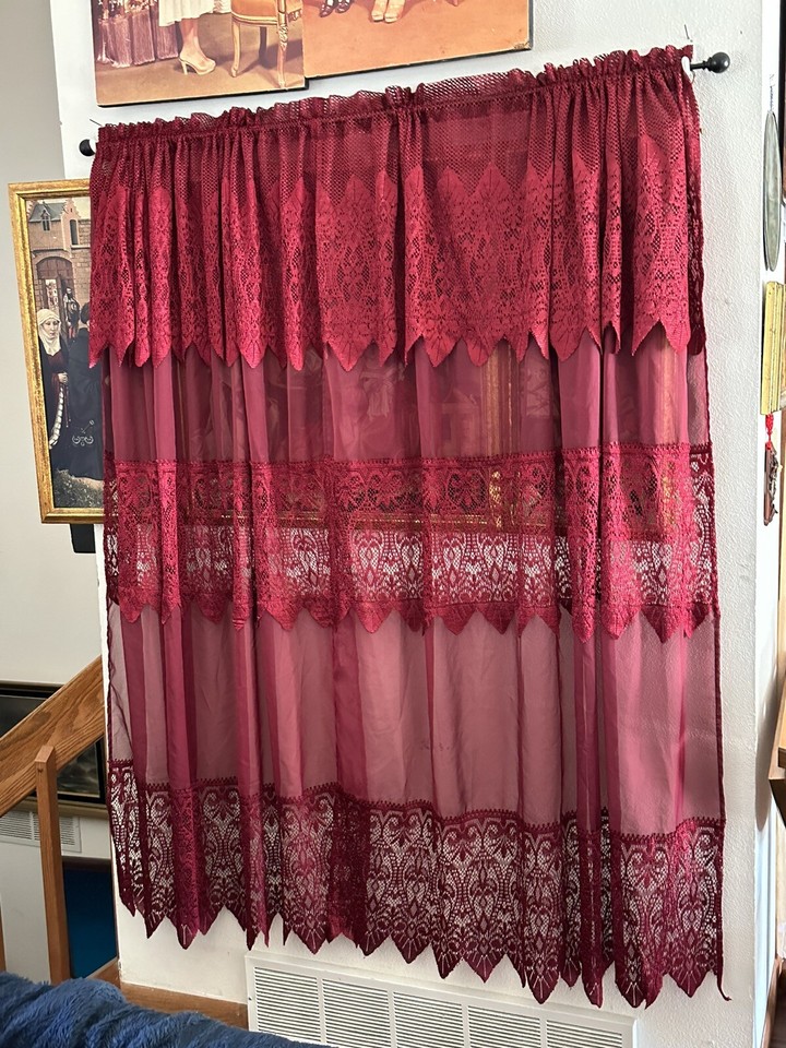 VTG French Red Sheer Lace Fishnet 2 Hanging Drapes Panels 64”L x 51” W ...