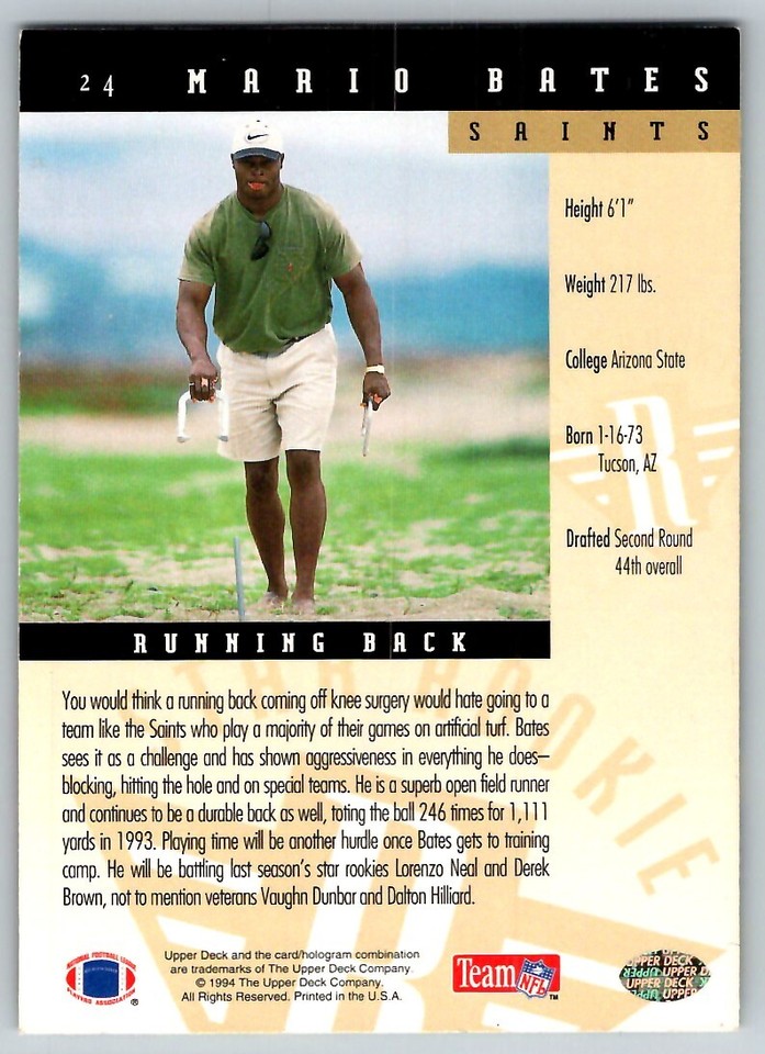 1994 UPPER DECK MARIO BATES RC NEW ORLEANS SAINTS #24 | eBay