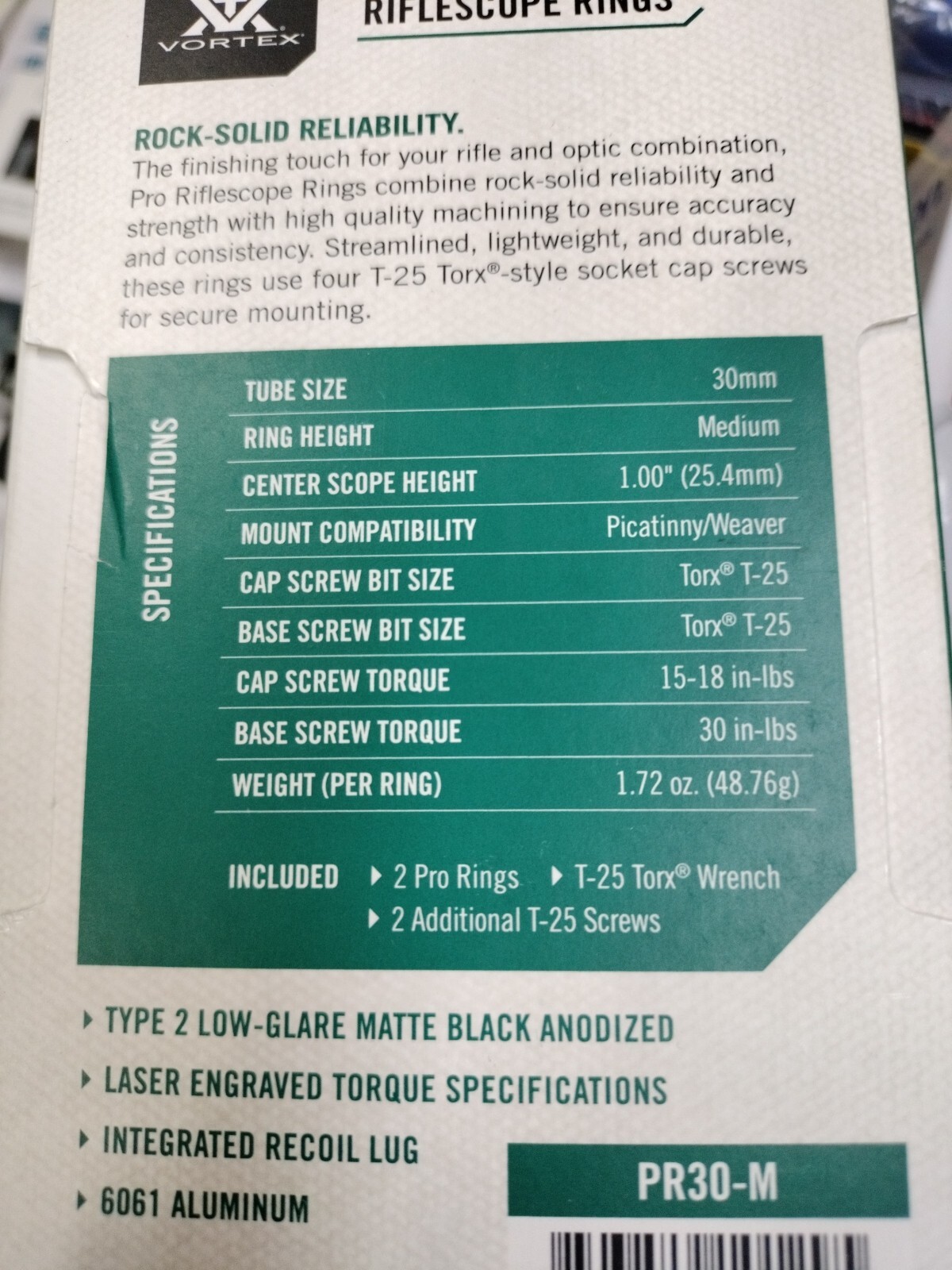 VORTEX OPTICS Pro Series 30MM Riflescope Rings - Medium Height - PR30-M