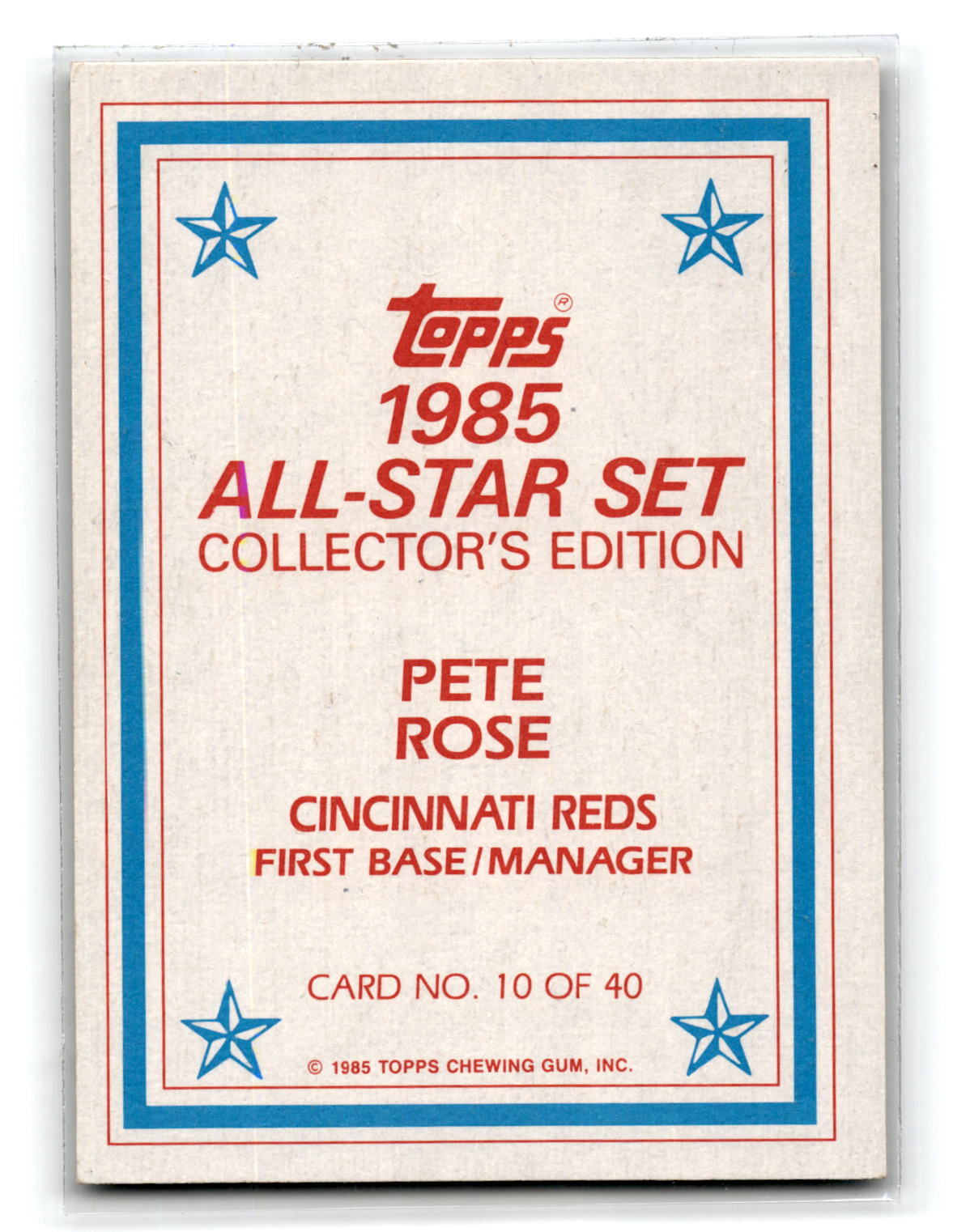1985 Topps #10 Pete Rose Cincinnati Reds All-Star Set Collector's ...
