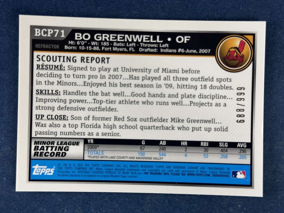 2010 Bowman Chrome Purple Refractor #BCP71 Bo Greenwell Indians /999 | eBay