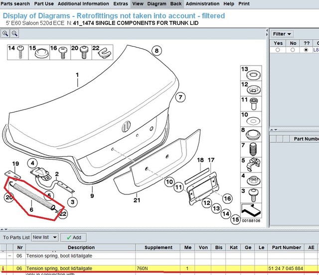 BMW 5 SERIES E60 520D M SPORT BOOT LID TENSION SPRING 51247045884 for ...