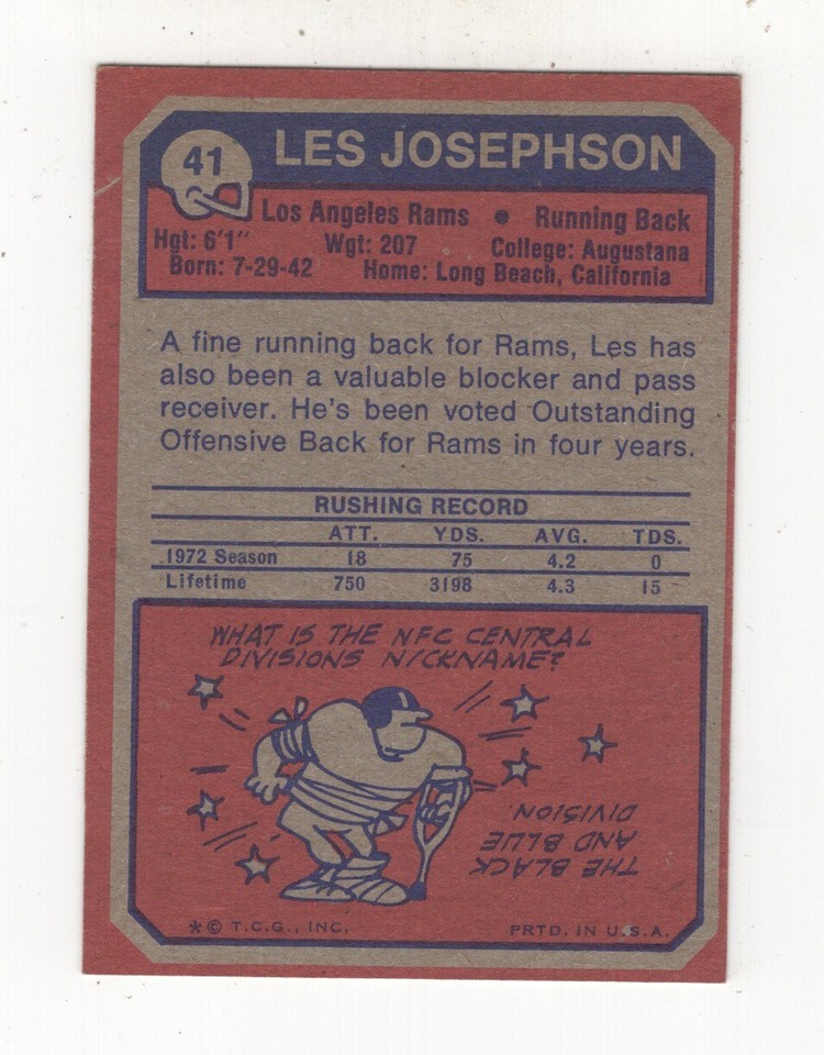 1973 TOPPS FOOTBALL LES JOSEPHSON LOS ANGELES RAMS #41 | eBay