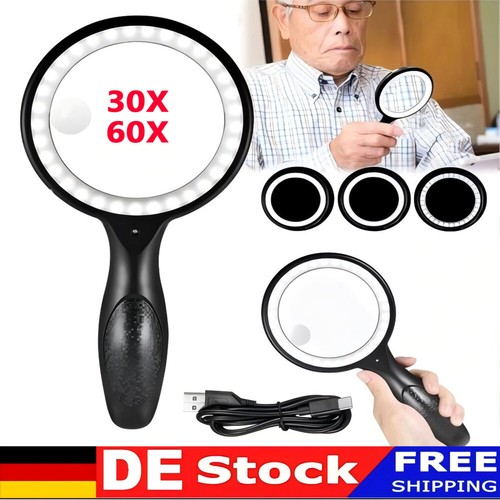 Große Lupe LED Handlupe mit Licht 30/60x Fach Vergrößerung Beleuchtete ...