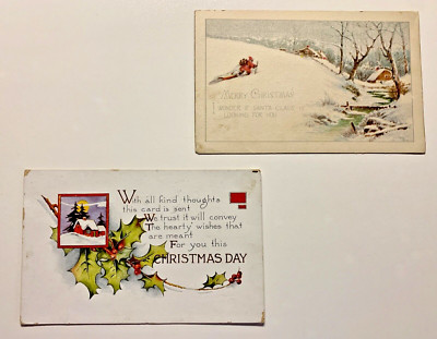 (2) Vintage 1920s Holiday Christmas Santa Claus, Holly Lithograph ...