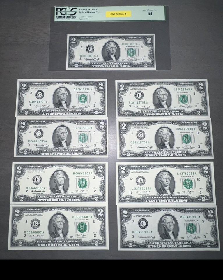 2 dollar bill 1976 low serial number #14 plus 2 dollar bills sequential ...