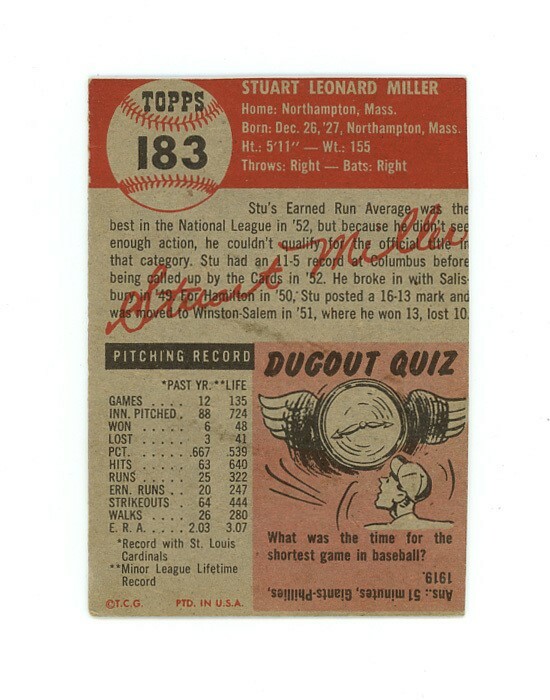 STU MILLER signed 1953 TOPPS baseball card #183 CARDINALS Rookie | eBay