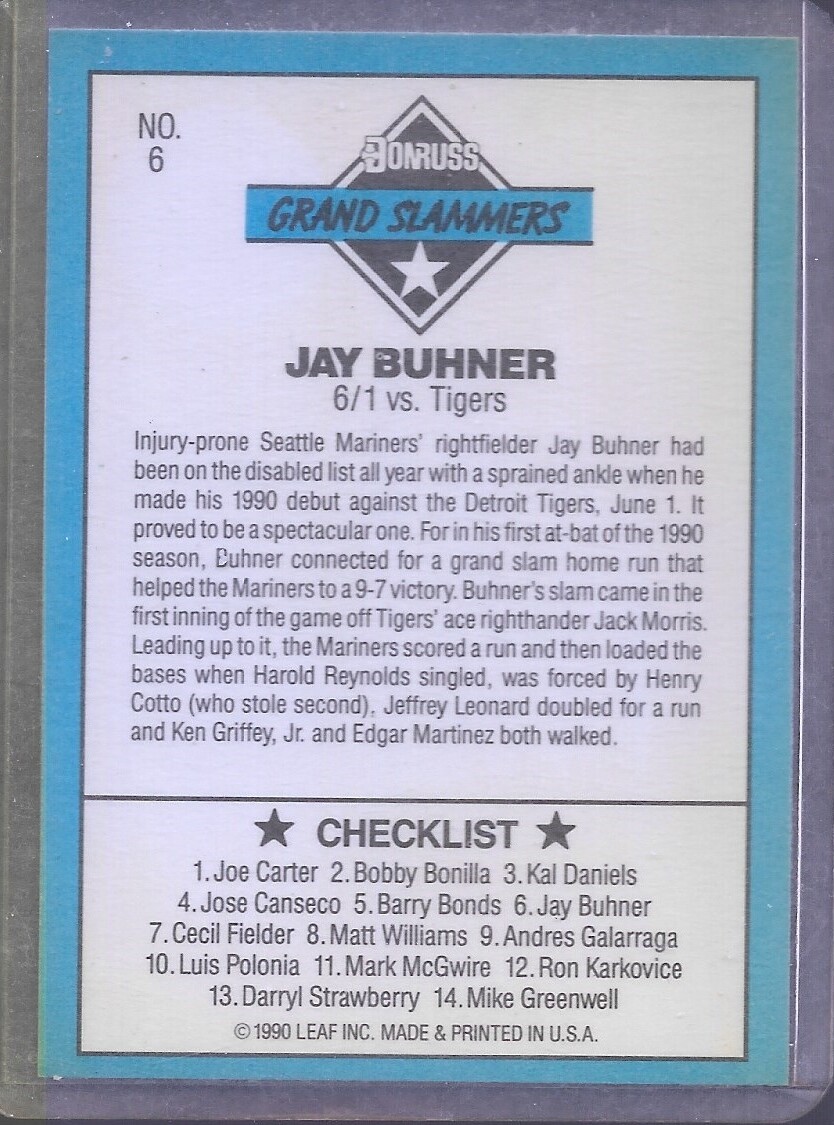 1990 Donruss Grand Slammer Jay Buhner 6 Seattle Mariners Baseball Card ...