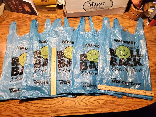 Lot of 5 Walmart 2000 Blue Plastic Shopping Store Bag Roll Back Smiley ...