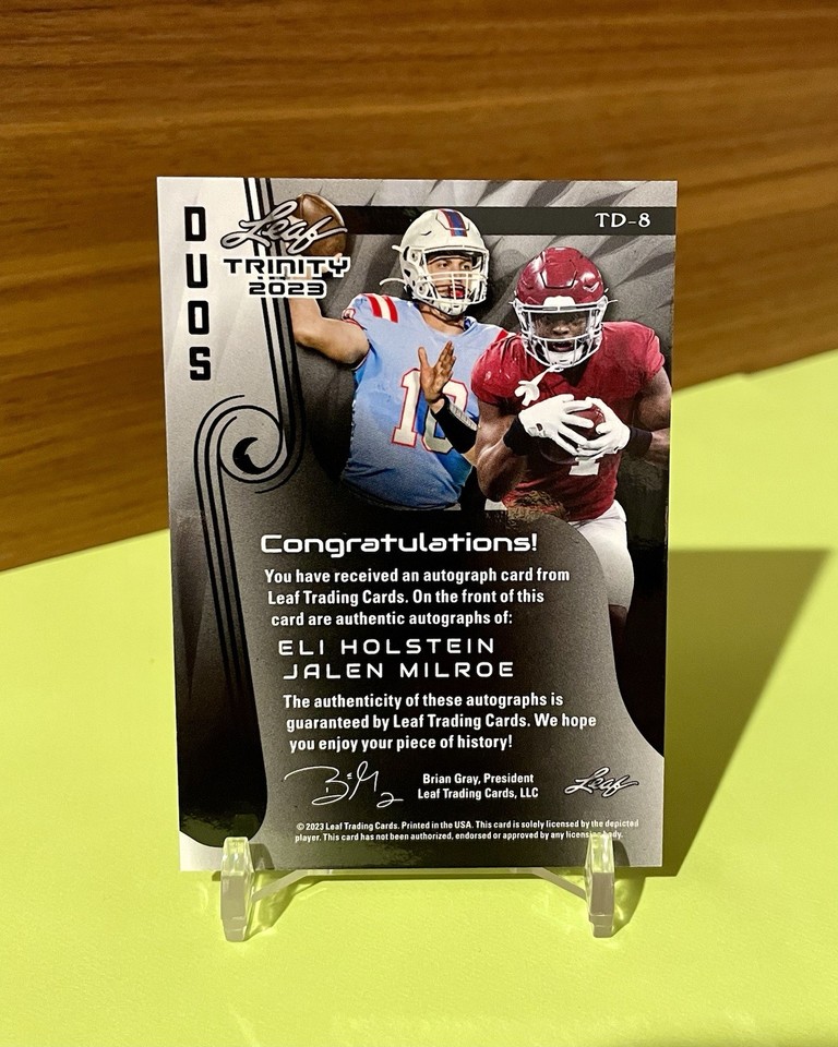 2023 Jalen Milroe Eli Holstein /15 RC Auto Leaf Trinity Duos Alabama ...