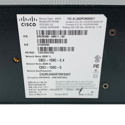 Cisco Comcast DPC3939B Business DOCSIS 3.0 Voice Gateway Modem w/ Power ...