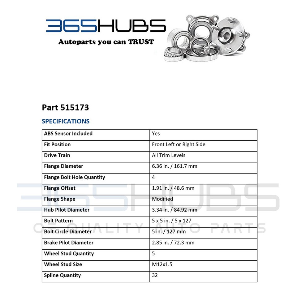 Front Wheel Bearing and Hub Assembly for 2017-2020 Chrysler Pacifica ...