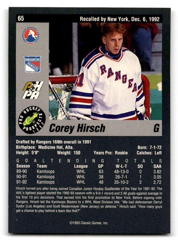 1993 Classic Pro Prospects #65 Corey Hirsch | eBay