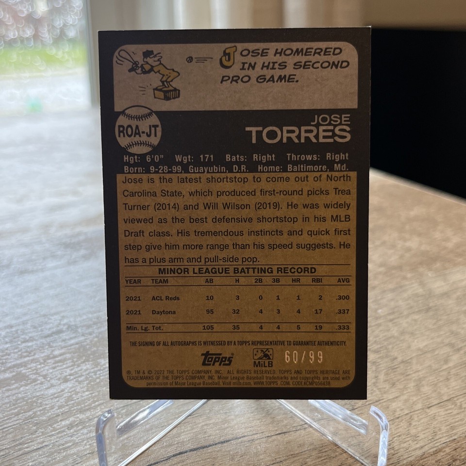 Jose Torres BLUE AUTO /99 2022 Topps Heritage Minor League #ROA-JT | eBay