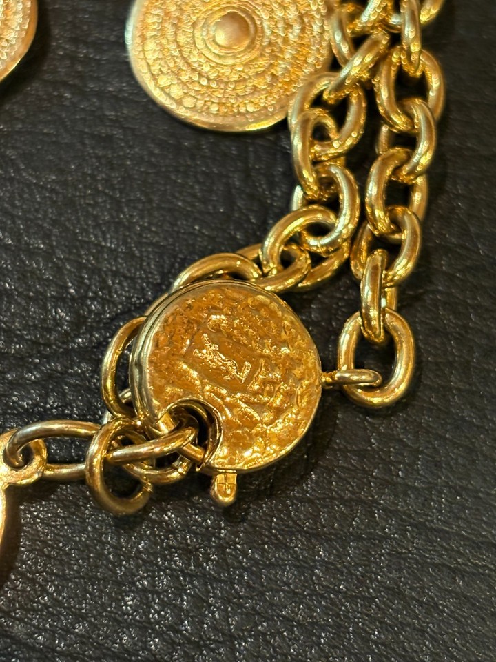 Yves Saint Laurent Necklace Chain AUTH Logo YSL Vintage Gold Coin Medal ...