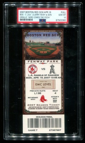 2007 Apr 16th Red Sox Angels Ticket Jerry Remy Pizza PSA 10 Gem Mint ...