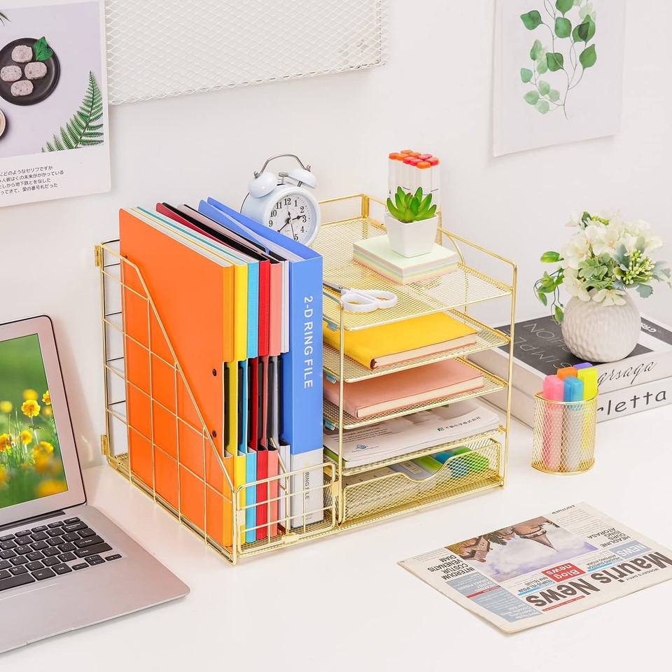 Marbrasse Rose Gold Desk Organizer with File Holder, 5Tier Paper Letter ...