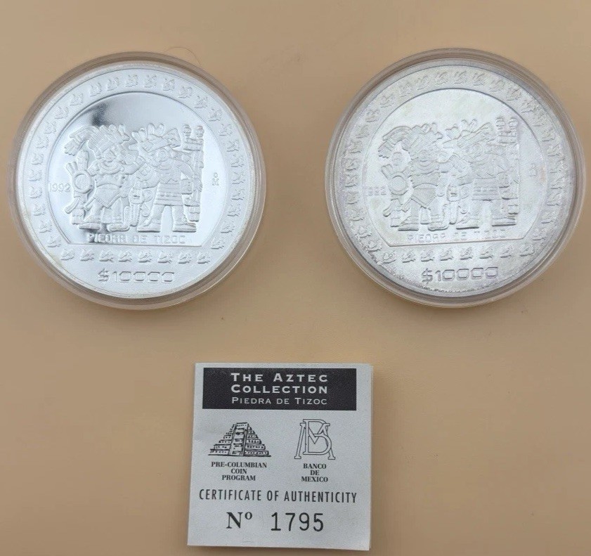 *2 COINS Mexico 1992 Silver Piedra De Tizoc PROOF, BUSINESS The Aztec ...