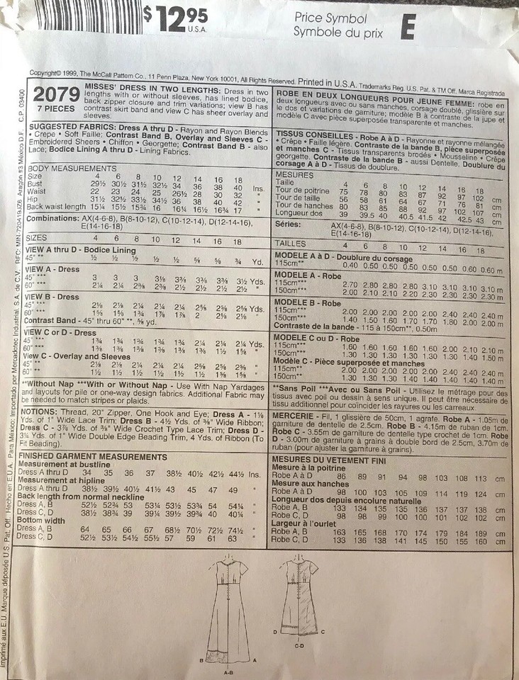 McCalls Sewing Pattern # 2079 Misses Dress in Two Lengths Size 4-6-8 ...