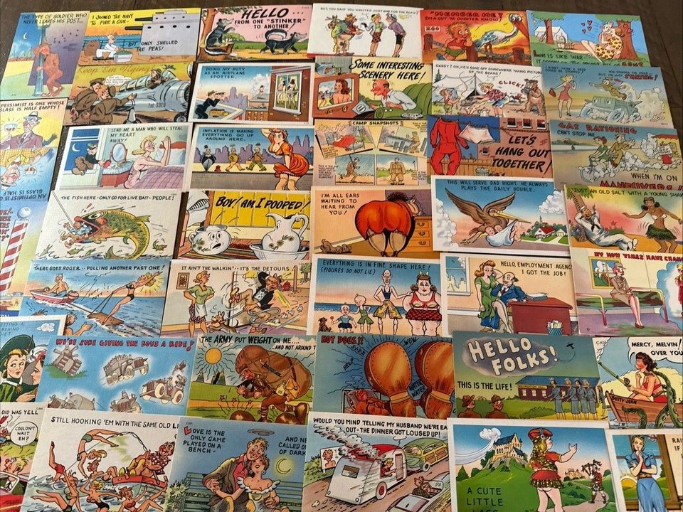 Lot of 50 Vintage Linen Comic Postcards~Mixed Topics~Risque~Military ...