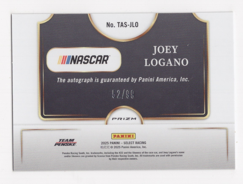 2025 PANINI SELECT NASCAR RACING TRACKSIDE ACTION SIGNATURE 52/99 JOEY ...