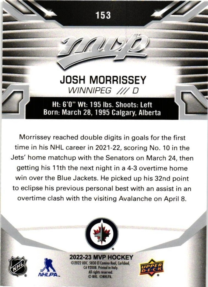 2022-23 UPPER DECK MVP JOSH MORRISSEY SILVER SCRIPT #153 HOCKEY CARD | eBay