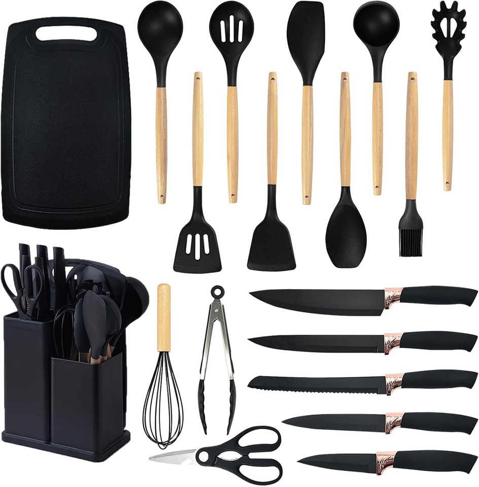 19-Piece Kitchen Utensil & Knife Block Set: 12 Non-Stick, Heat ...