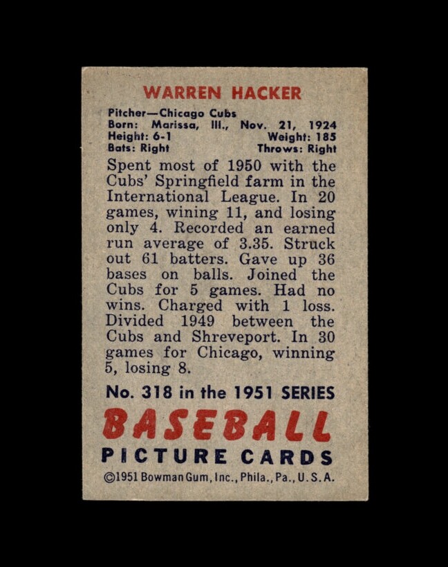 1951 Bowman Set-Break #318 Warren Hacker RC VG-VGEX *GMCARDS* | eBay