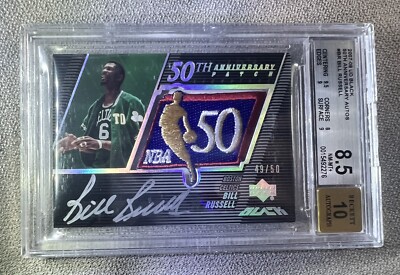 BILL RUSSELL 2007 UD BLACK 50TH ANNIVERSARY PATCH AUTO /50 BGS 8.5 / 10 ...