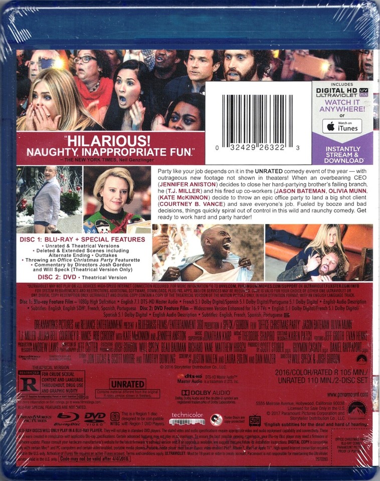 Jason Bateman OFFICE CHRISTMAS PARTY Unrated BLU-RAY + DVD Jennifer ...