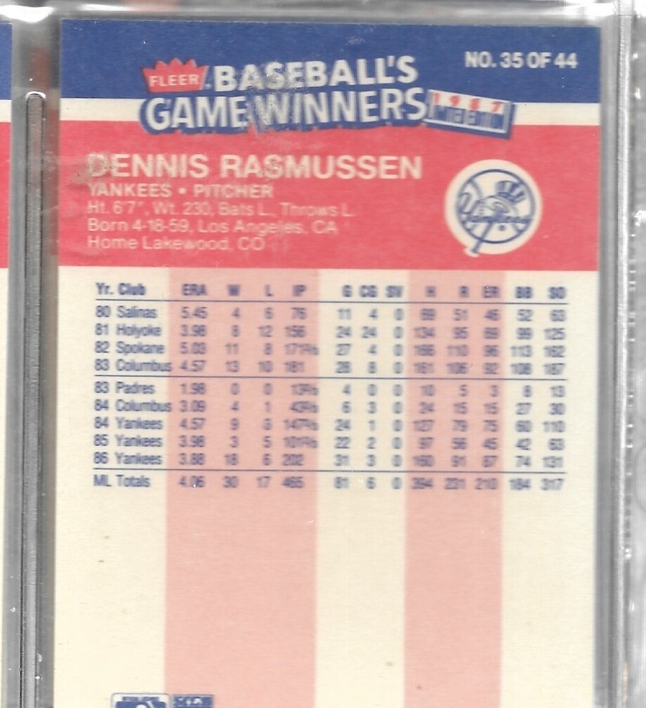 1987 Fleer Baseball Game Winners Dennis Rasmussen NY Yankees #35 Of 44 ...