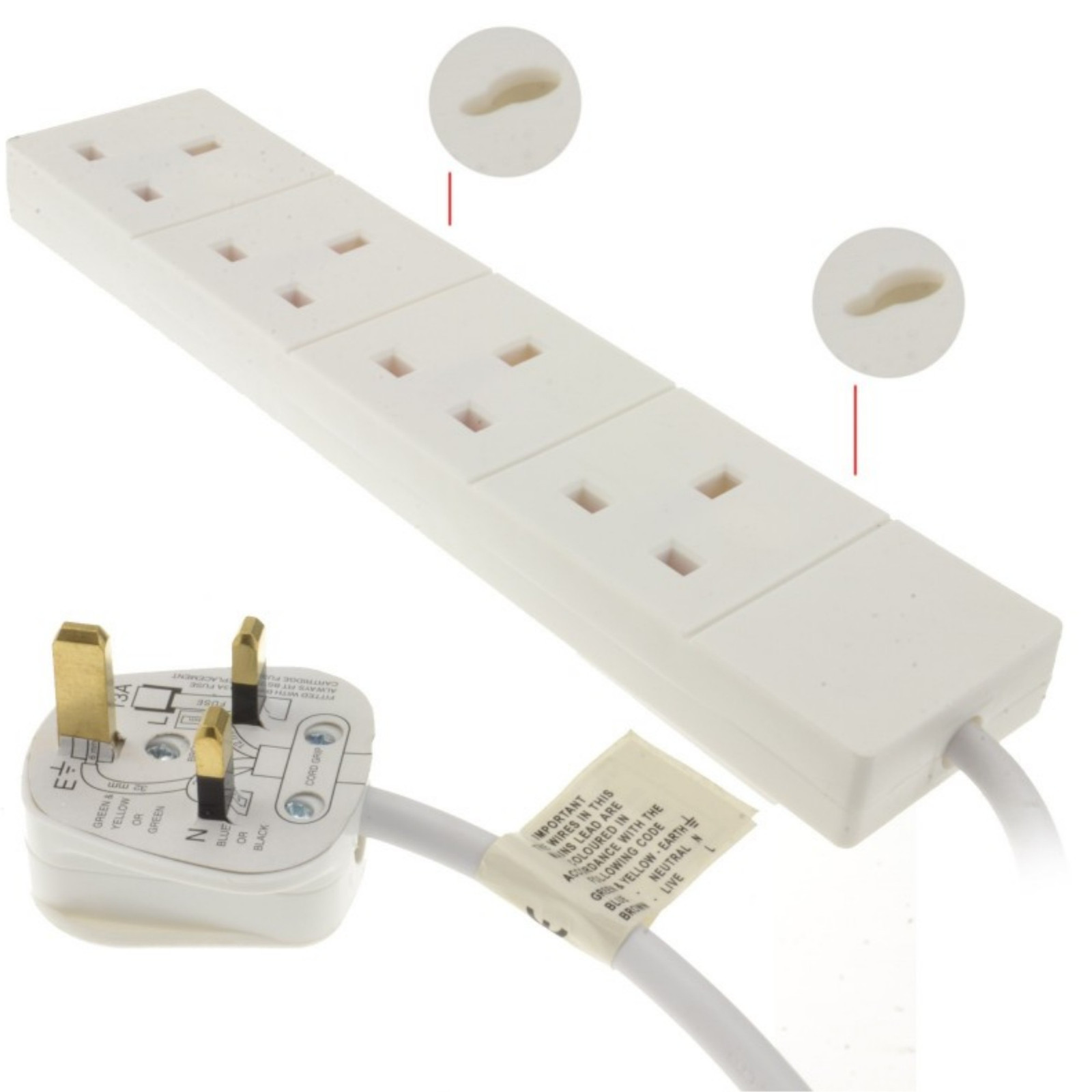 Extension Lead Cable 4 GANG Way 4G White 0.5 1 2 3 5 10 15 20 25 30 50 ...