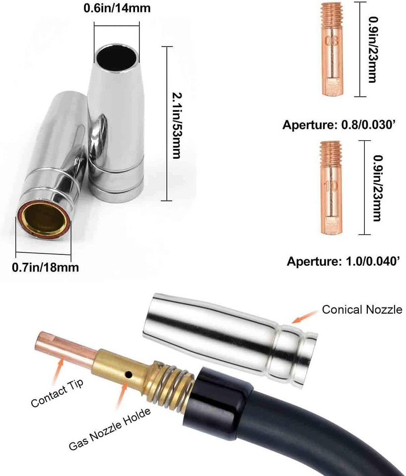 Mig Welder Consumable Set Mig Torch Contact Tips Gas Nozzles for .030 ...