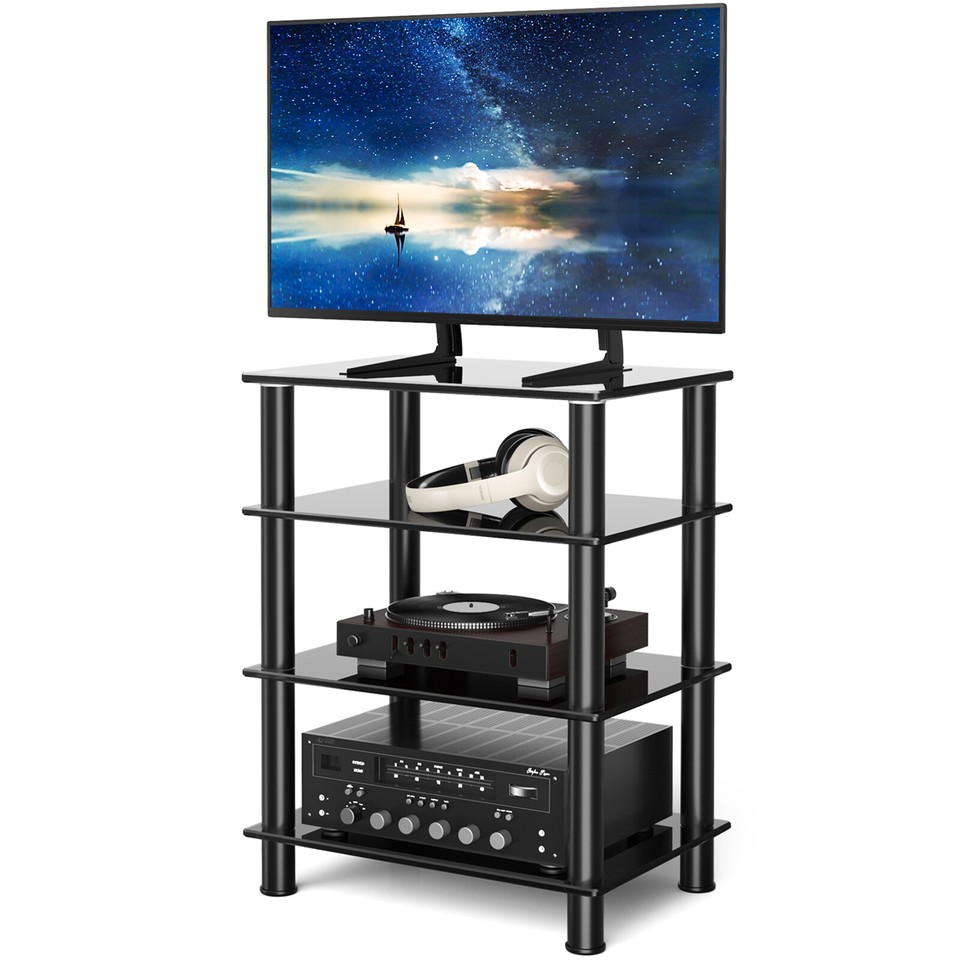 4-Tier Tempered Glass Media Stand Audio Video Tower for TV/Xbox/Gaming ...