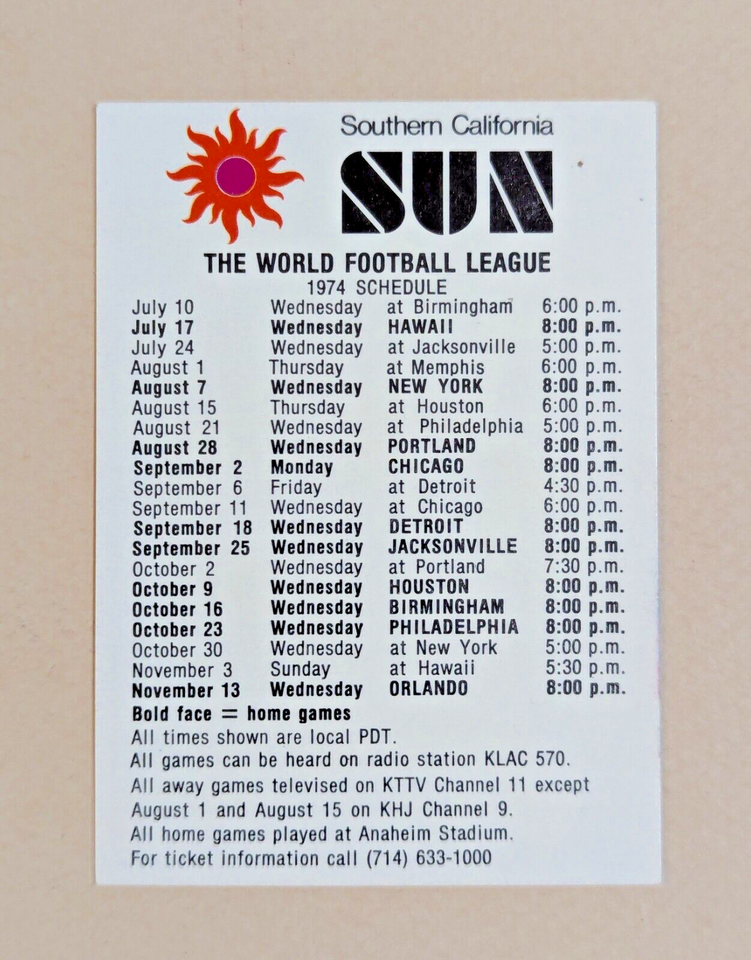 WFL FOOTBALL 1974 SOUTHERN CALIFORNIA SUN Pocket Schedule Continental ...