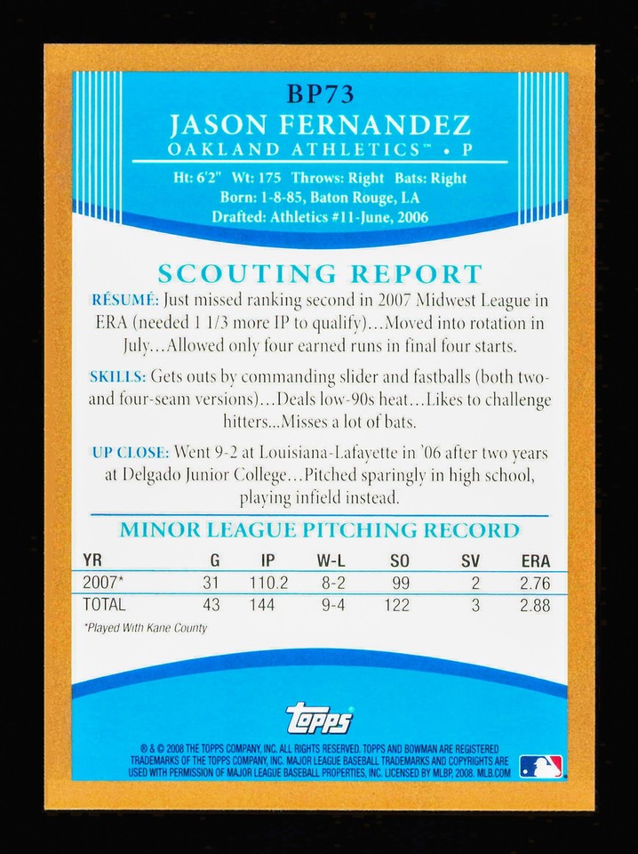 2008 Bowman #BP73 Jason Fernandez Prospects Gold Oakland Athletics | eBay
