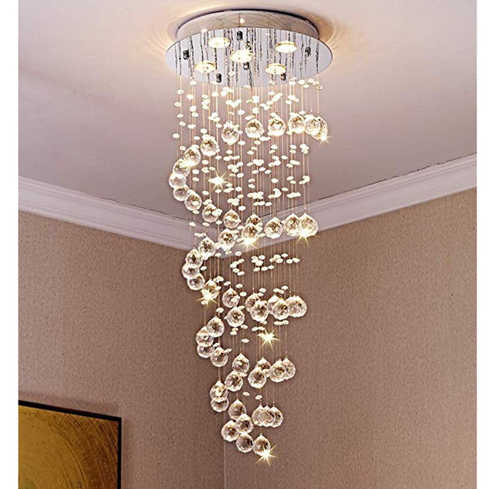 Modern Luxury Crystal LED Chandelier Rain Drop Spiral Ceiling Light ...