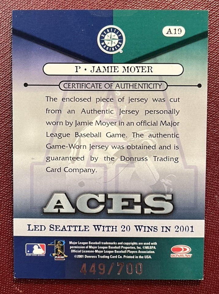 Jamie Moyer 2001 Donruss Diamond Aces Serial # 449/700 Game Worn Jersey ...