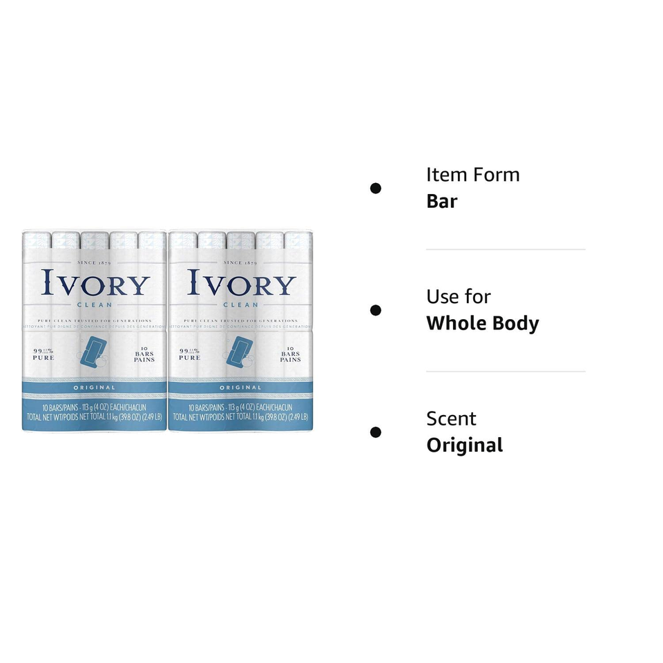 Ivory Clean Original Bar Soap 4 Ounce 10 Count (Pack of 2) Total 20 ...