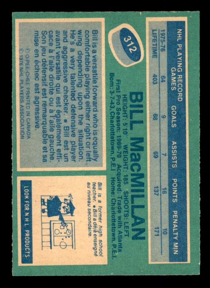 1976 OPC O-Pee-Chee Hockey #312 Bill Macmillan NM/MT | eBay