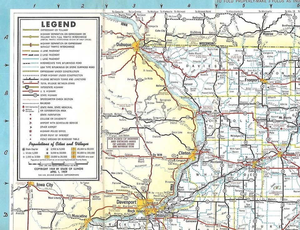 1959 ILLINOIS Official State Highway Road Map Route 66 Springfield ...