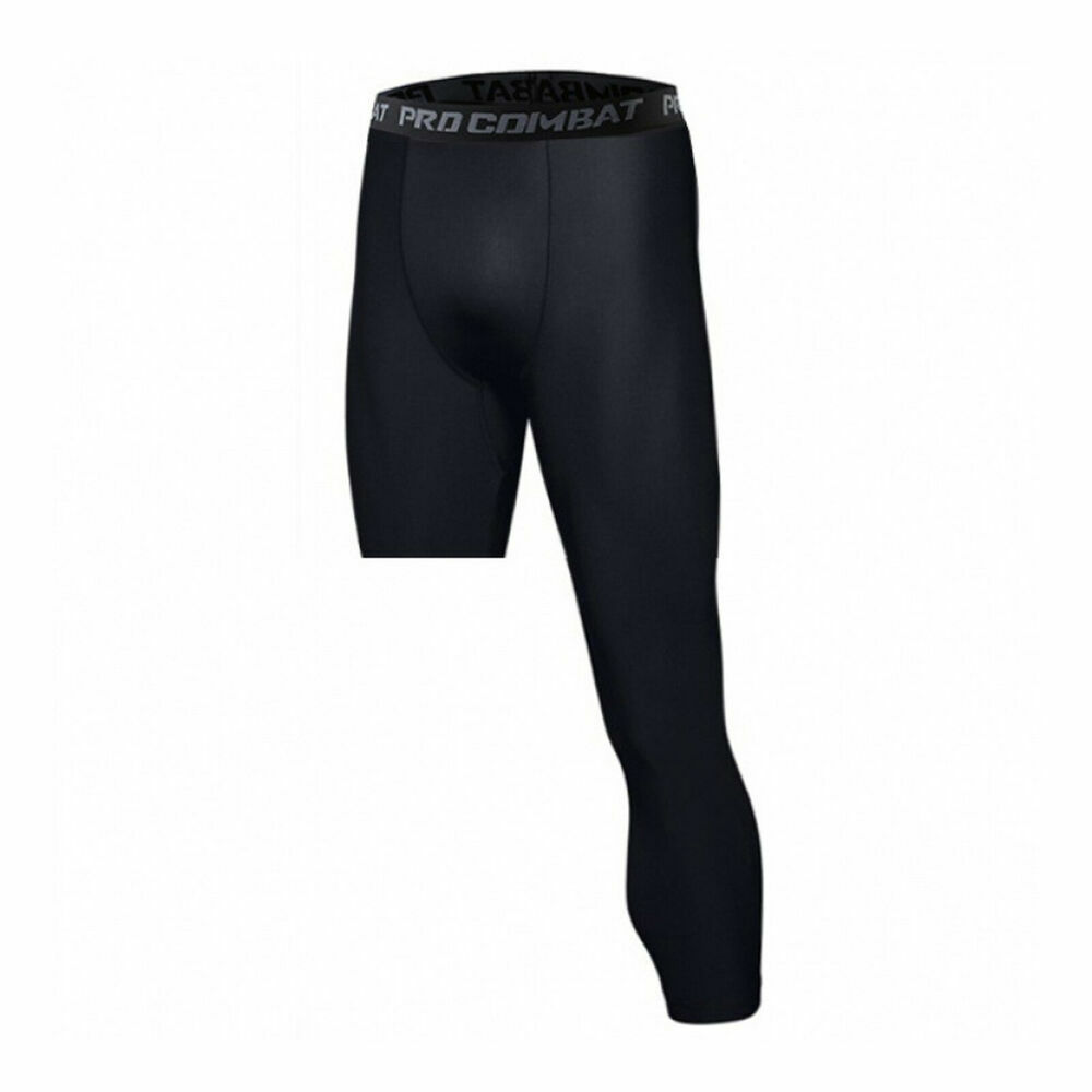 Mens One Leg Compression 3 4 Capri Tights Pants Athletic Basketball